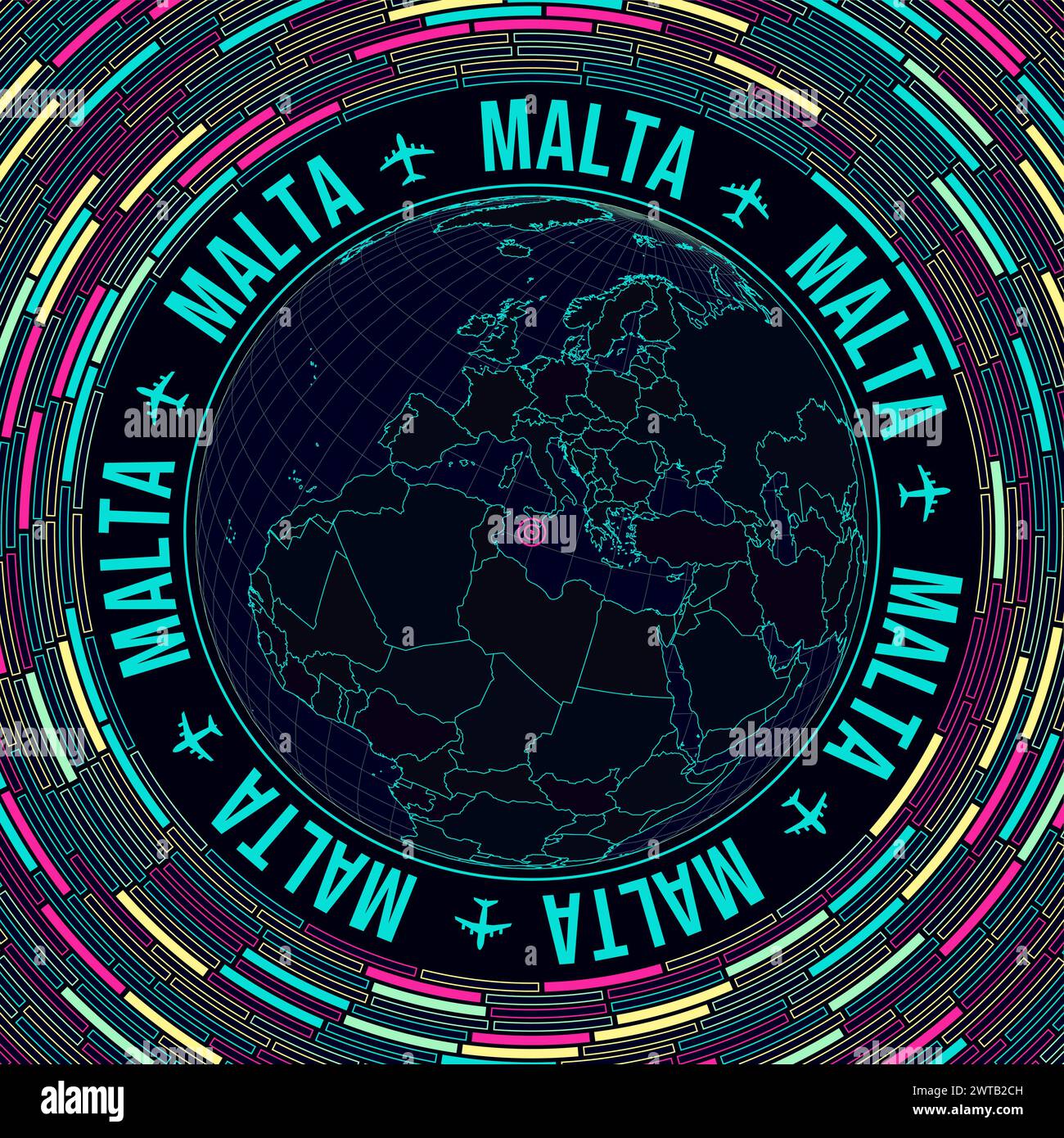 Malta on globe. Satellite view of the world centered to Malta. Bright ...