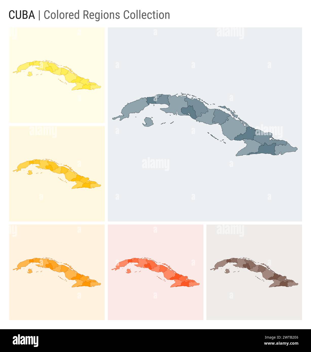 Cuba map collection. Country shape with colored regions. Blue Grey ...