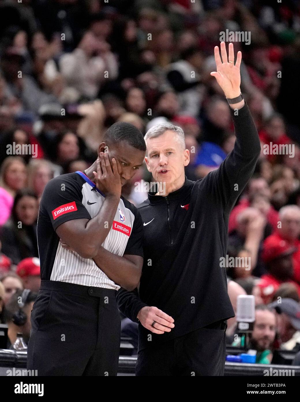 Chicago Bulls head coach Billy Donovan,right, talks with referee James ...
