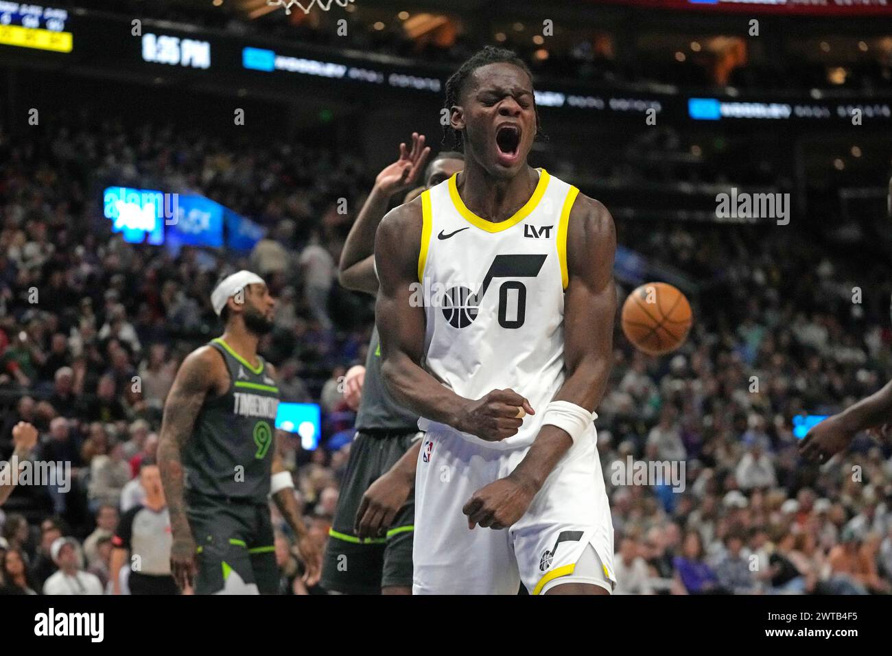 Utah Jazz forward Taylor Hendricks (0) reacts after being fouled during ...