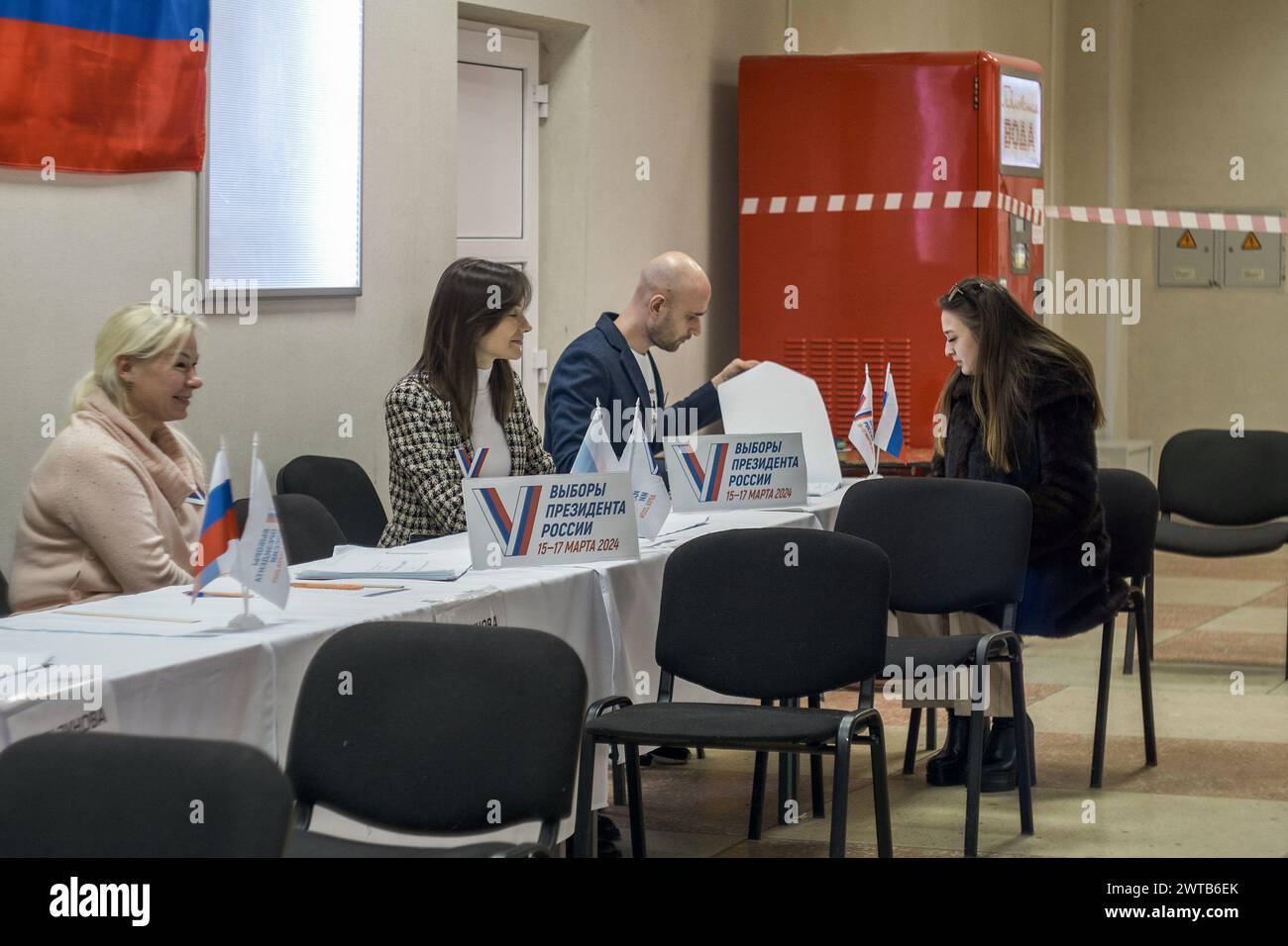 Voronezh, Russia. 15th Mar, 2024. A woman checks data at the table ...