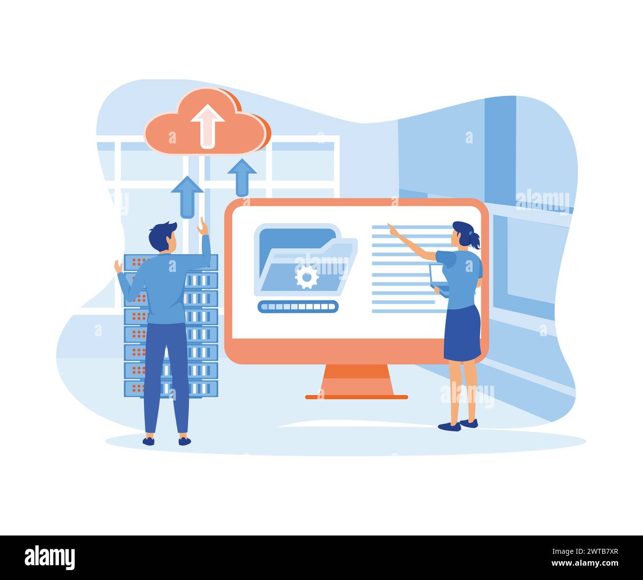 Cloud computing concept. Man and woman analyzing data center on computer screen. flat vector ...
