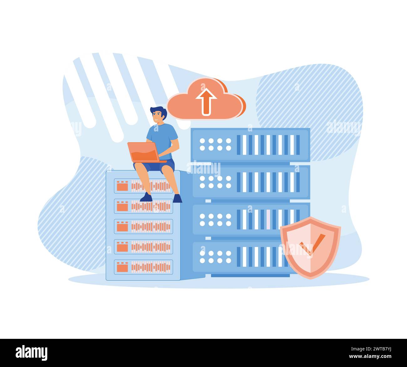 Cloud computing concept. Man sitting on rack analyzing file management on laptop. flat vector ...