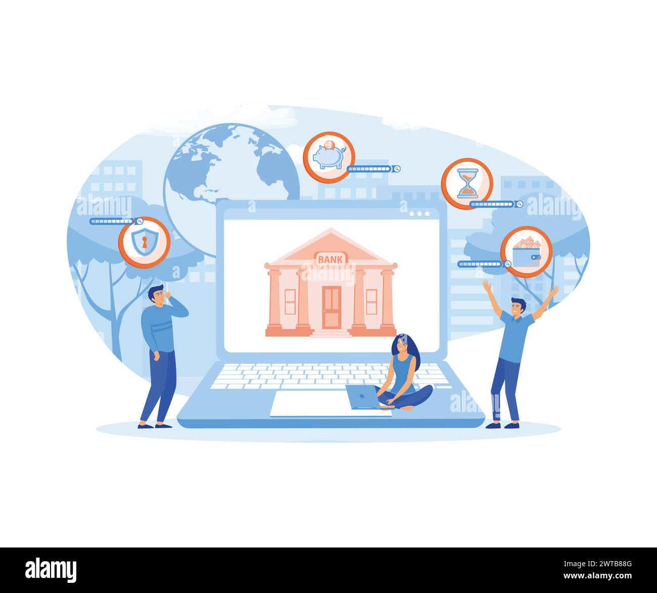 Online Internet banking concept. Bank employers help to carry out ...