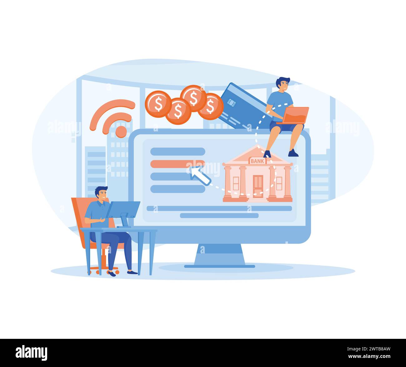 Internet banking. Tiny people with laptop and financial digital transformation. flat vector ...