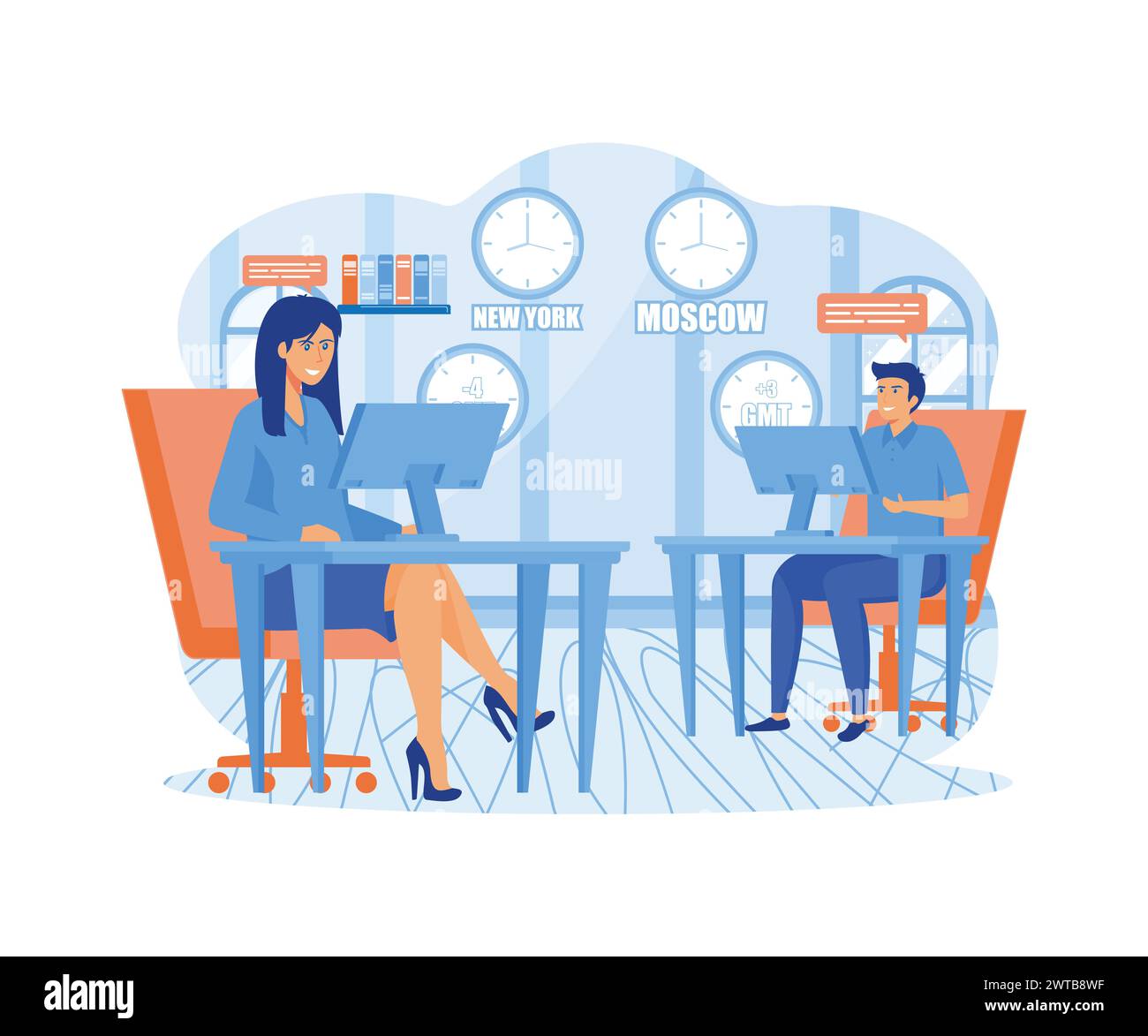 Time zones concept collage with man and woman working during night and ...