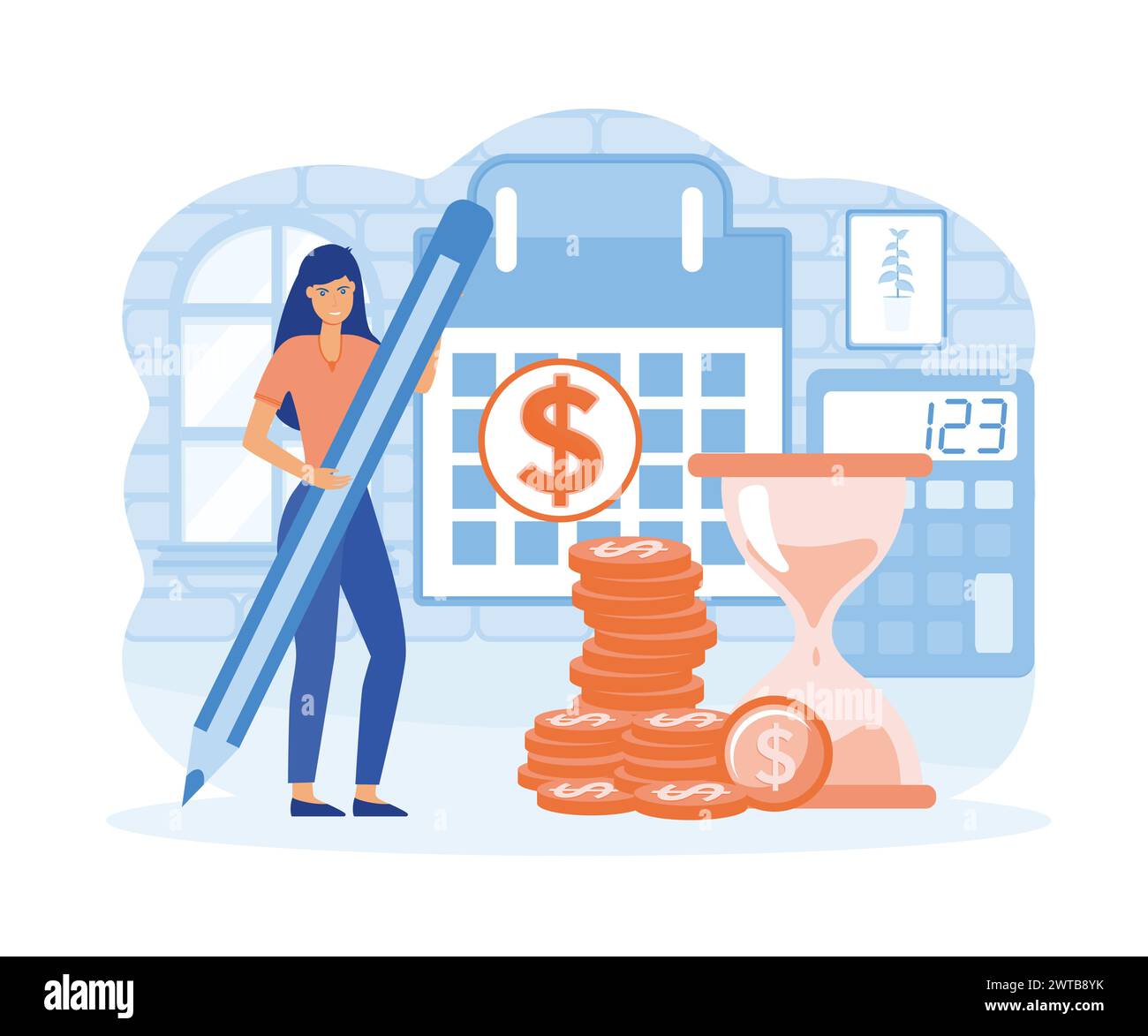 Payment date. Woman standing near calendar and holding pencil with due ...