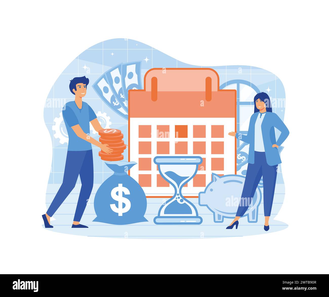 Payday loans concept. Man pays loan at appointed time. Woman indicates ...