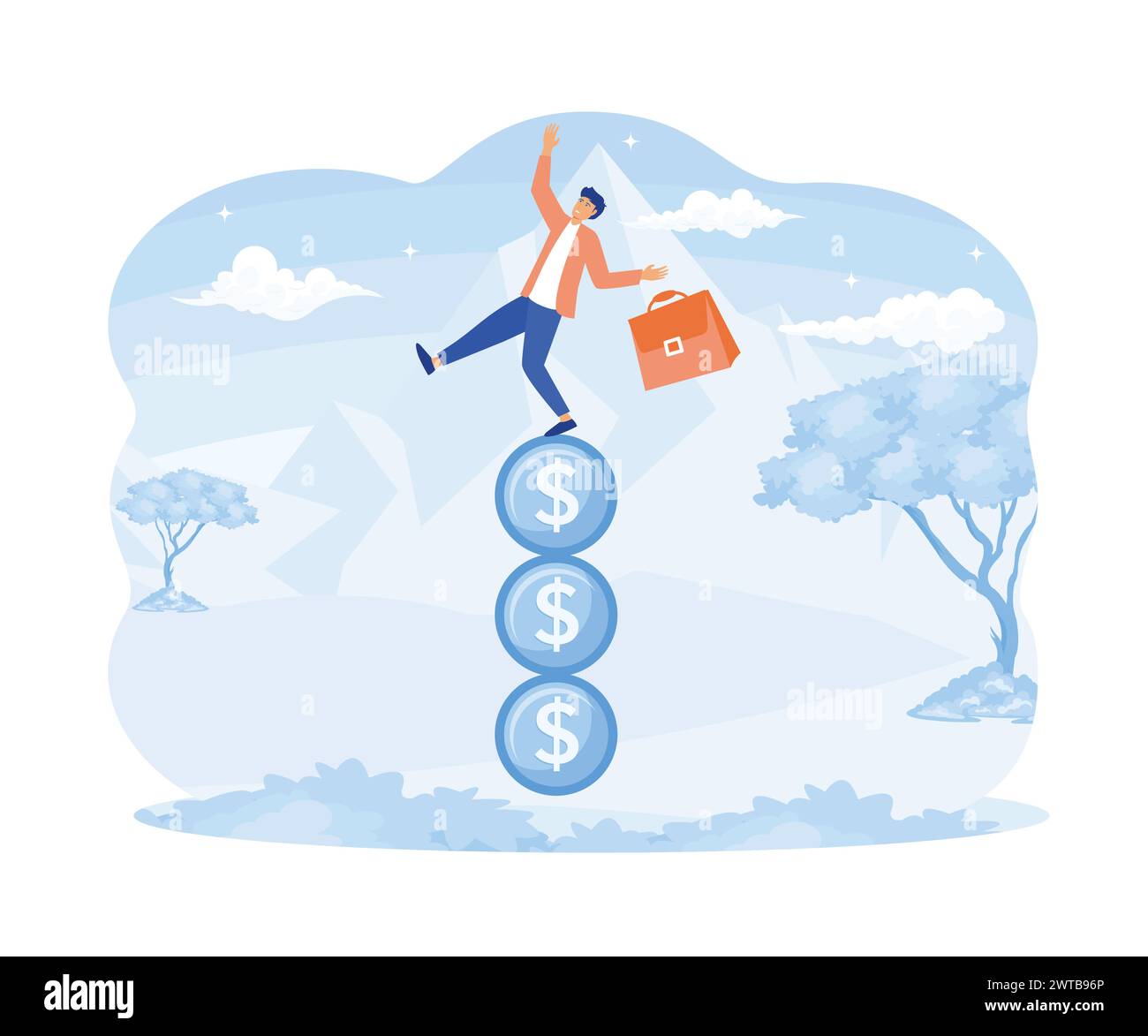 Financial instability concept. Businessman investor falling from stack ...