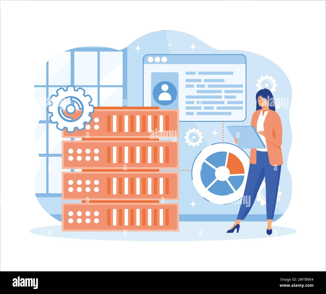 Big data tools concept. Woman standing near server rack analyzing big ...