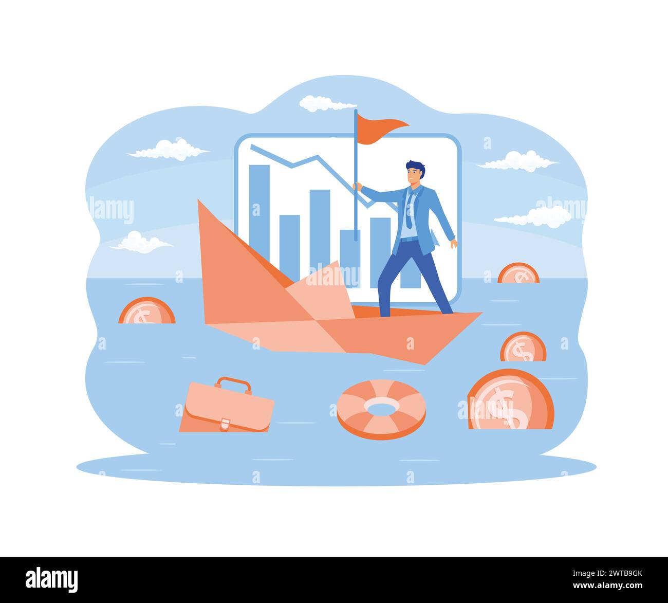 Bankruptcy business concept. Tiny person with broke company. Sinking business process in ...