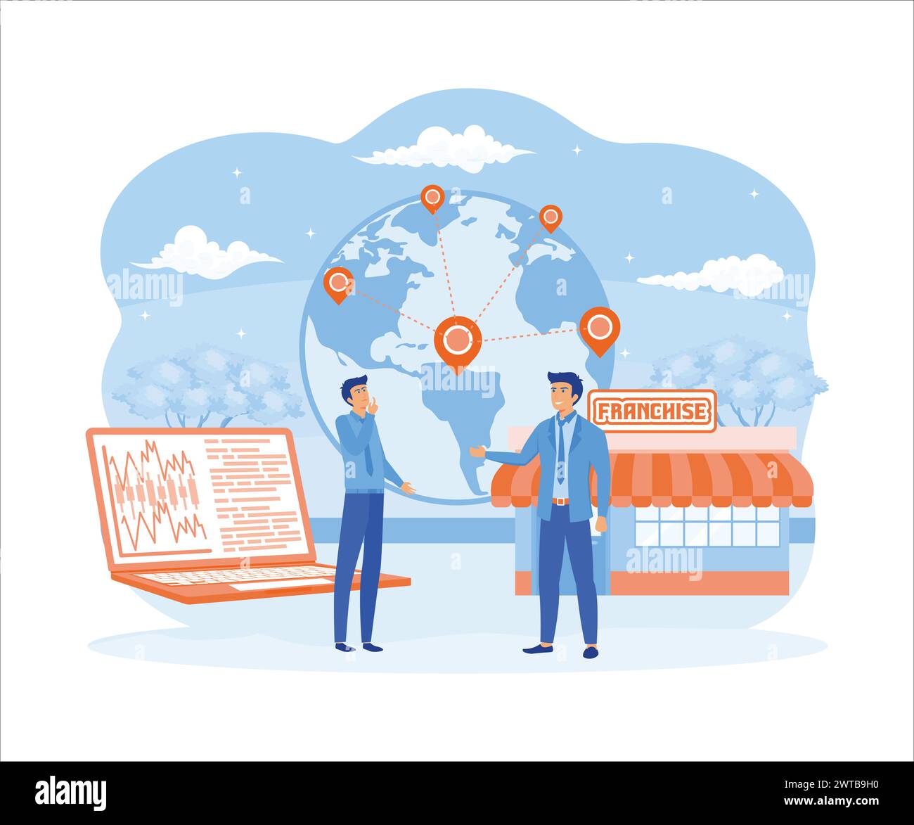 Businessman offering Franchise, trading network shop to the world map ...