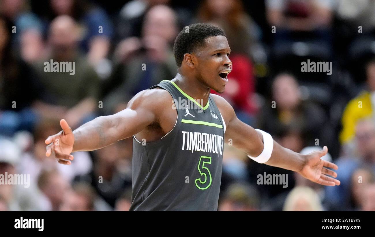 Minnesota Timberwolves guard Anthony Edwards reacts after being call ...