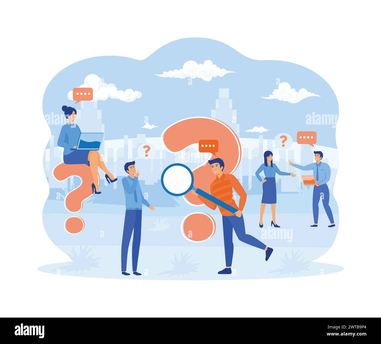 Question mark. Business people asking questions around a huge question ...