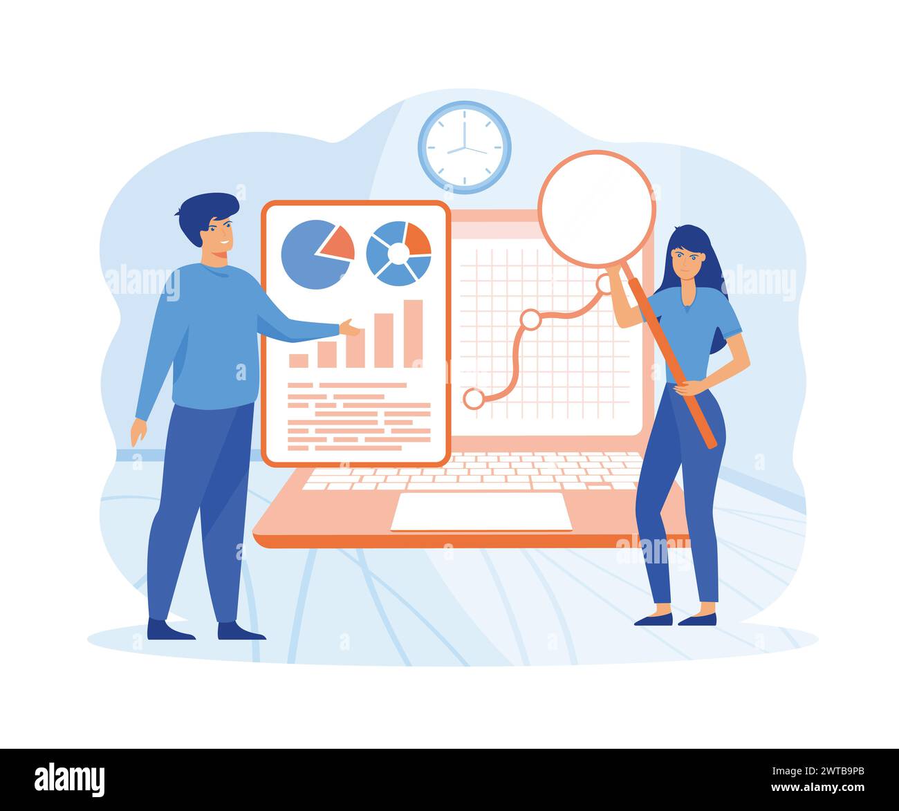 Audit concept. Man and woman analyzing Business operation using magnifying glass. Financial ...