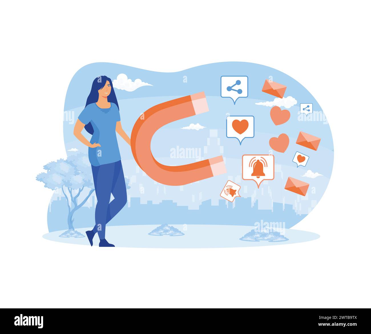 Social media influence concept. Influence marketing. Woman with big ...