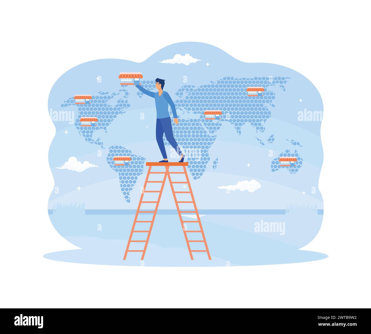 Franchise business concept. Businessman hand puts franchise store on ...