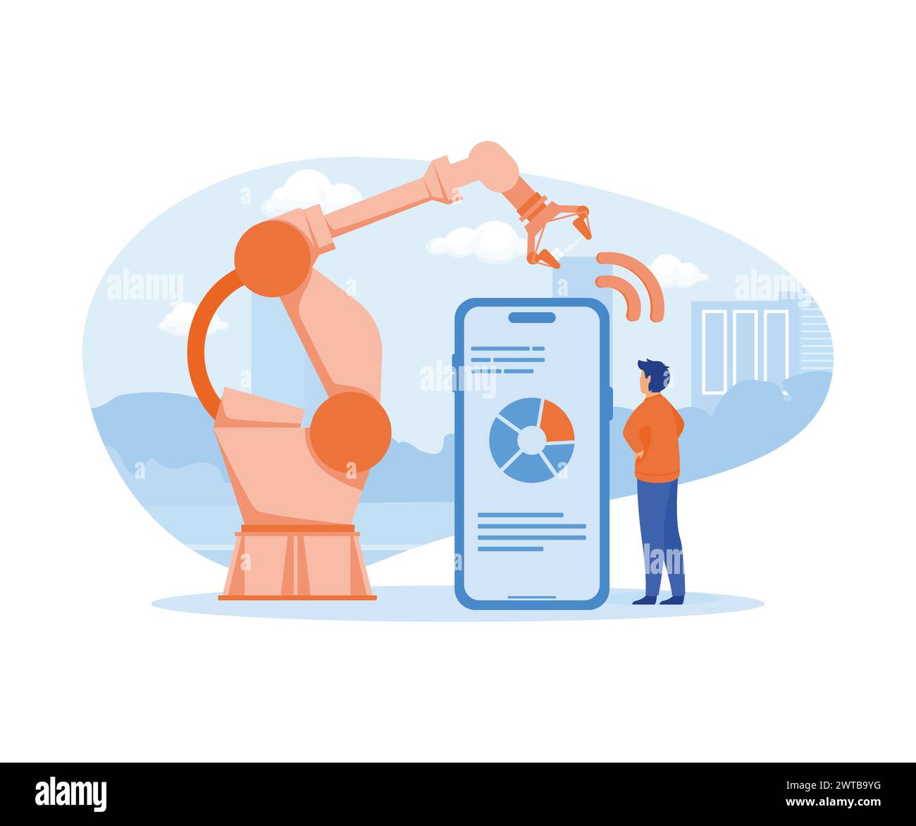 Smart industry concept. man standing near smart phone and robot arm, industrial factory. flat ...