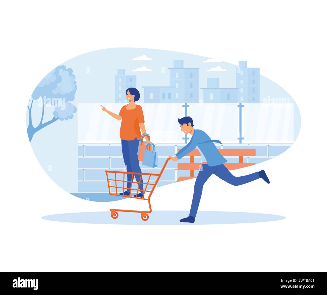 Big sale concept. Happy young couple family with man pushing beautiful ...