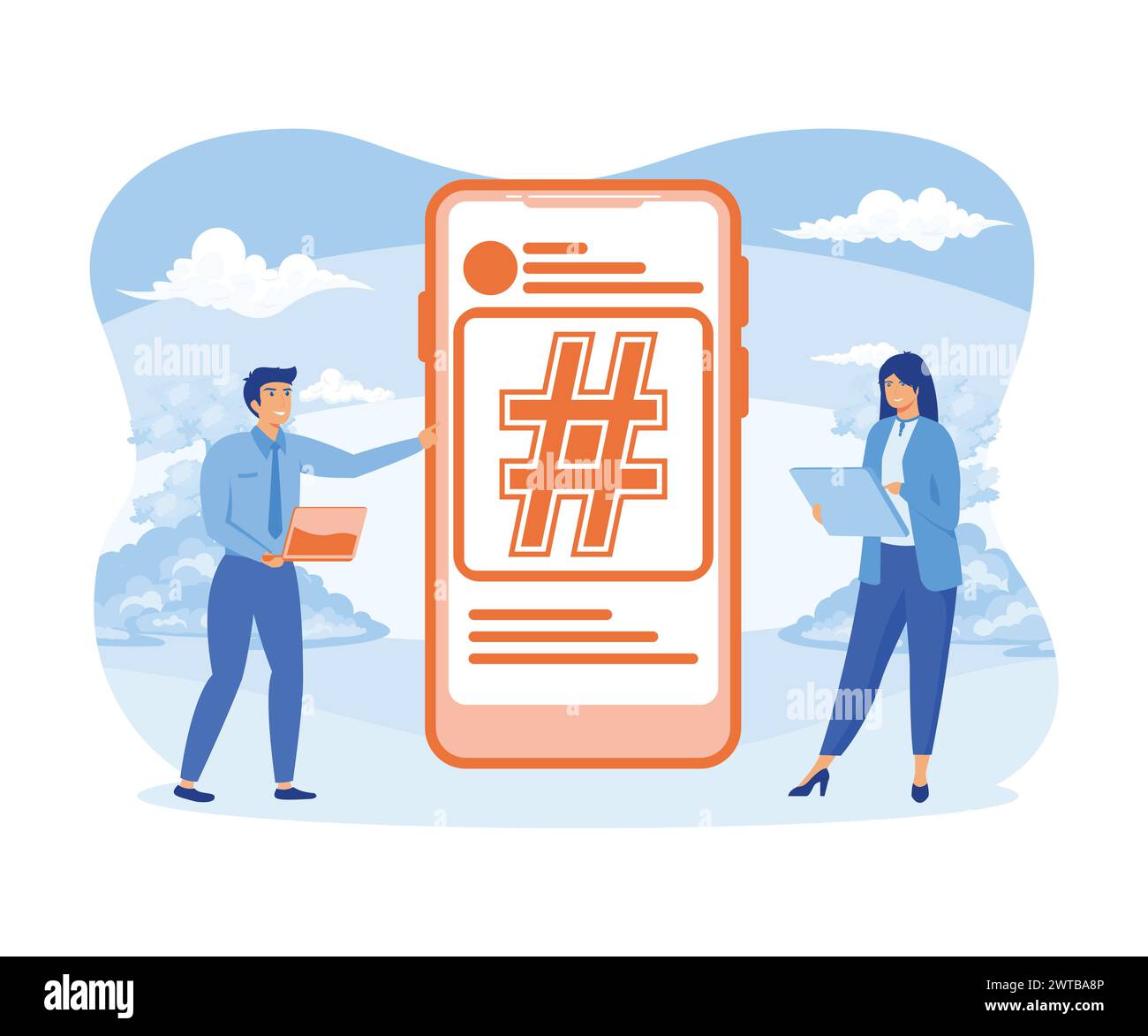 Hashtag concept. people standing near smart phones, sending posts and ...
