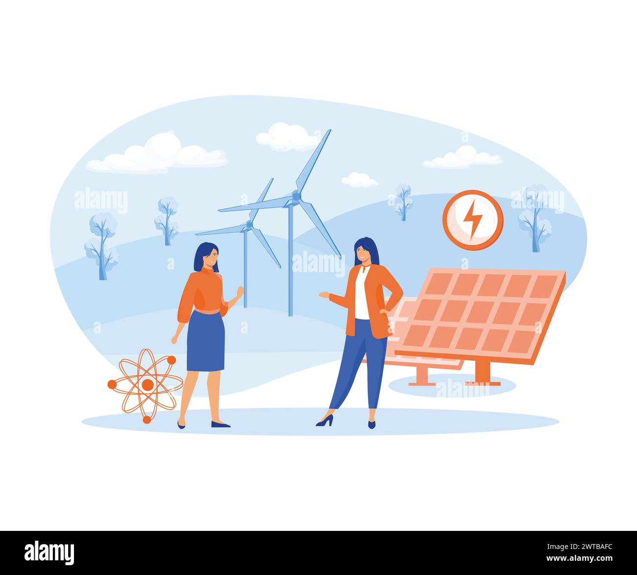 Ecology concept. Green energy to clean environment. Two woman standing ...
