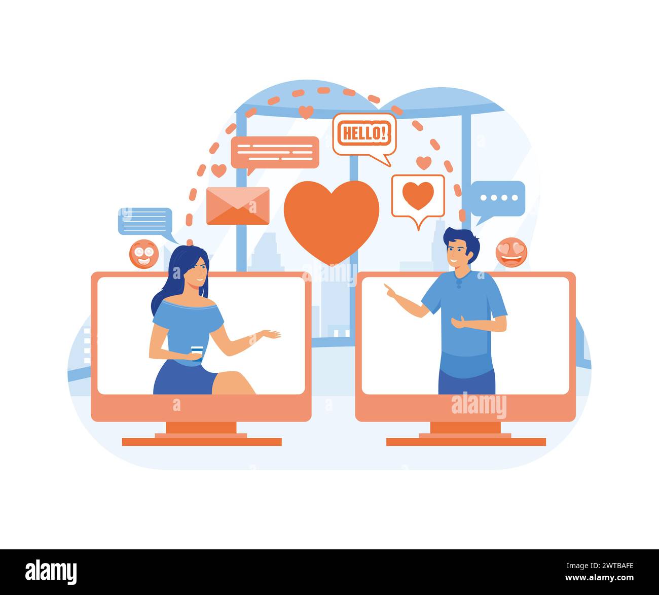 Virtual relationships online dating cartoon composition with computer ...