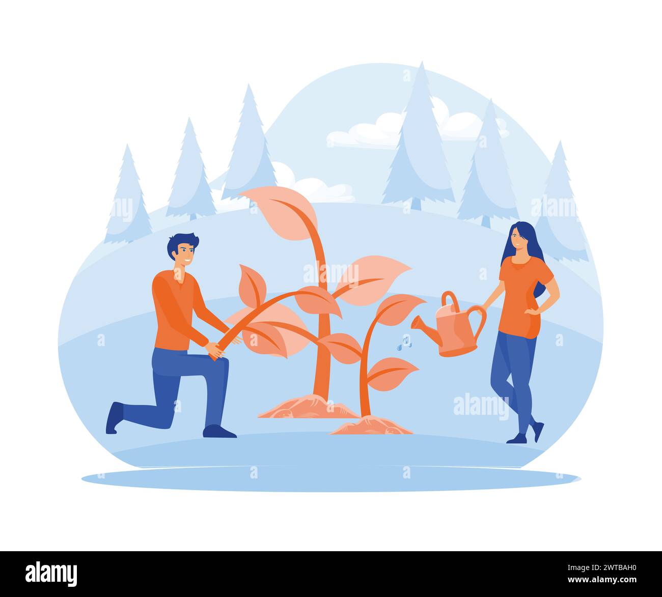 Bio Technology concept. People grow plants, doing farming job watering ...