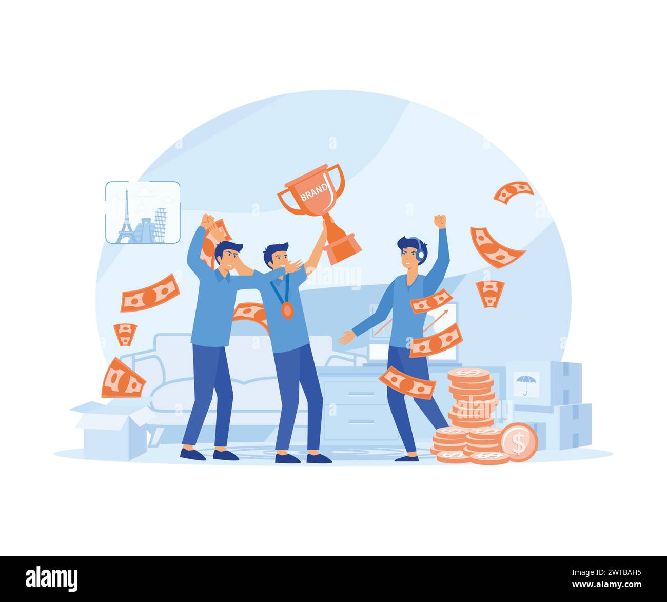 Success Business concept. Successful businessmen holding golden trophy ...