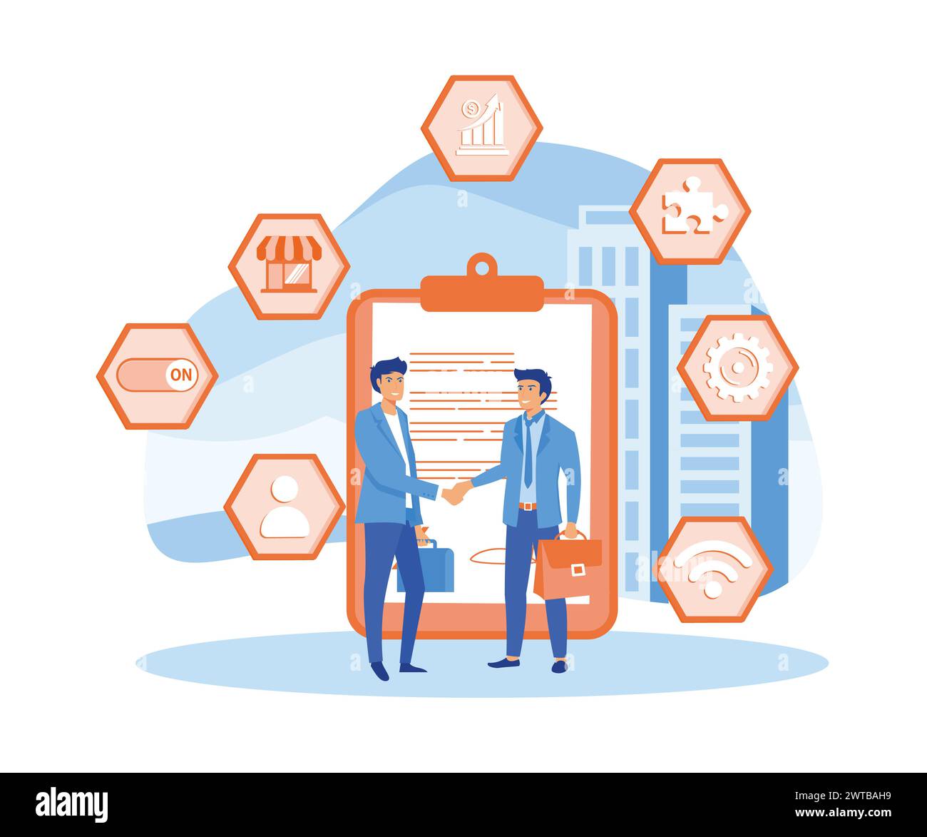 Contract agreement concept. Business people standing on a signed contract. flat vector modern ...