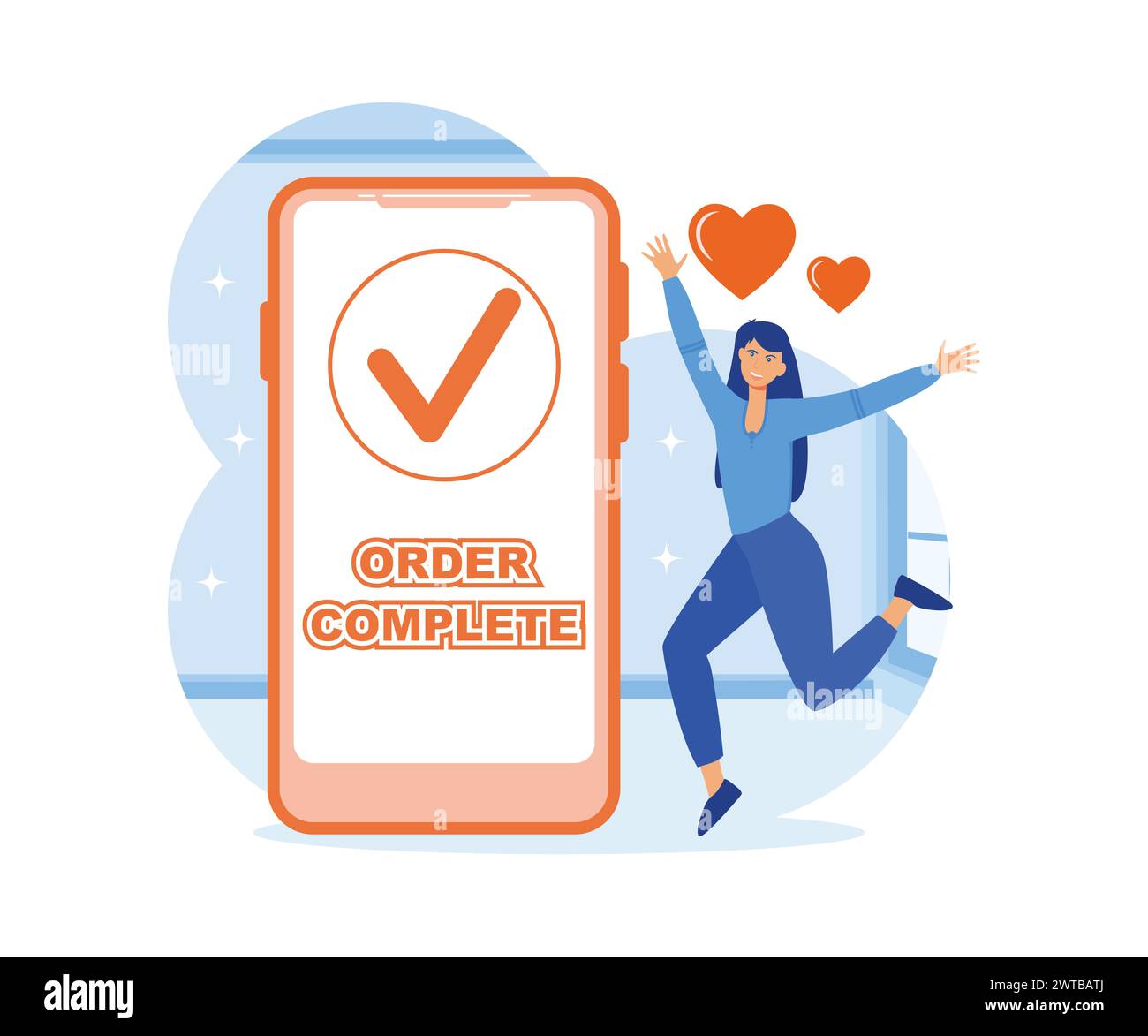 Order confirmation concept. Woman shows successful purchase in online ...