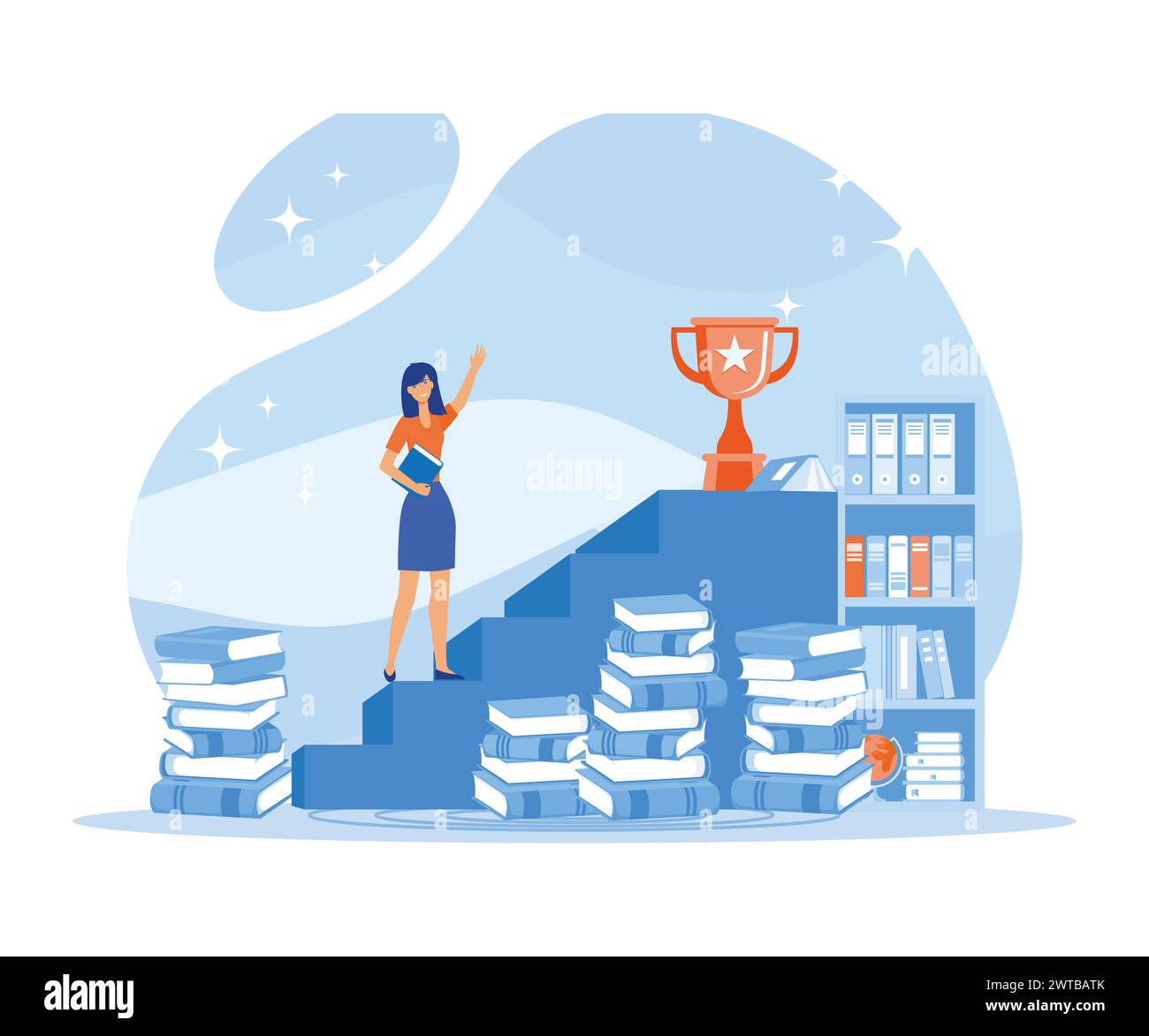 Success Business concept. Businesswoman climbing ladder to golden ...