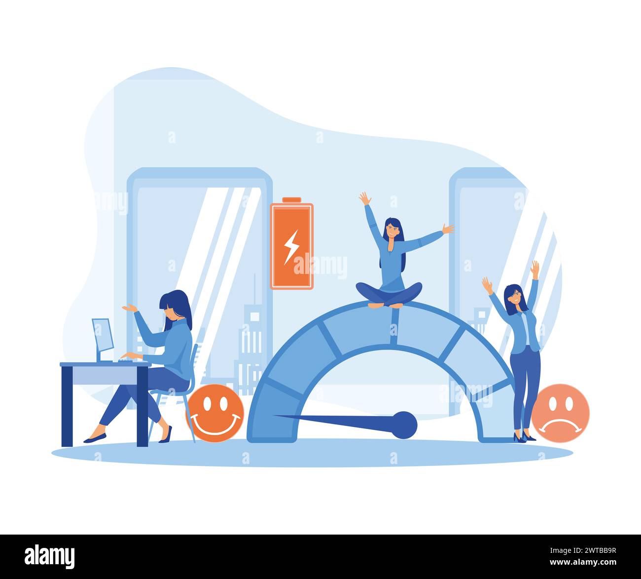 Stress Level concept. Energetic business woman working at table with ...