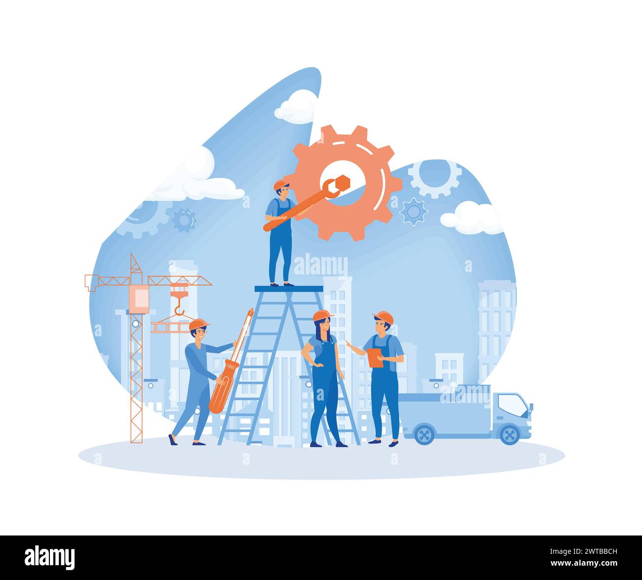 Workers couple rotating cogwheels teamwork process concept man woman in ...