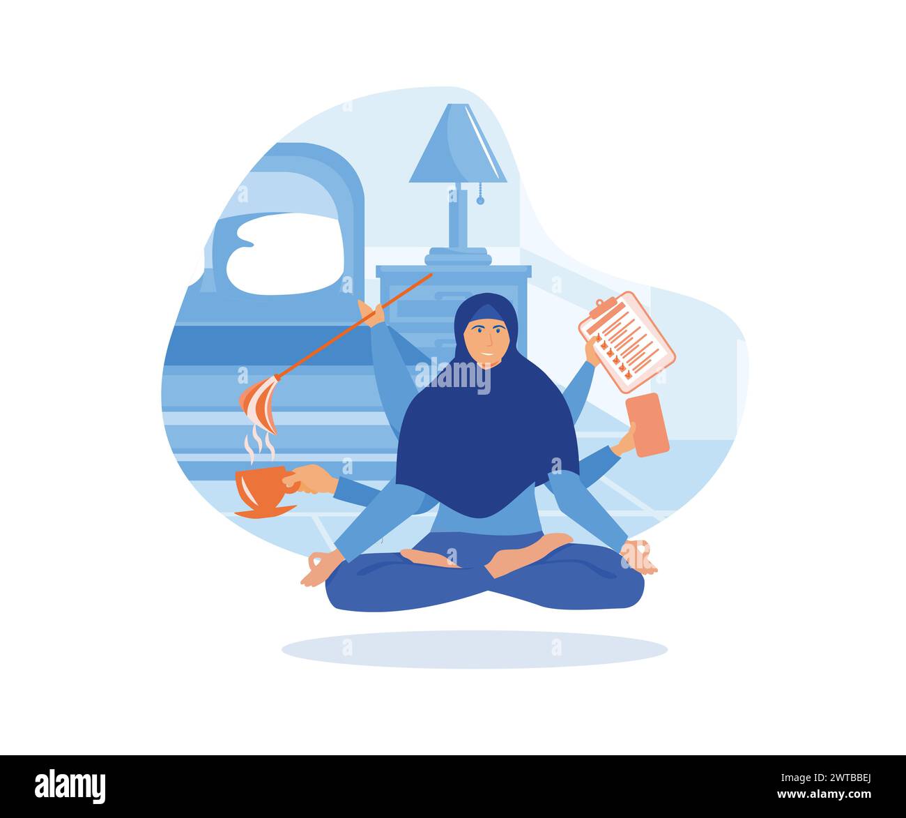Multitasking Work concept. Girl with many arms sits in the Yoga lotus ...