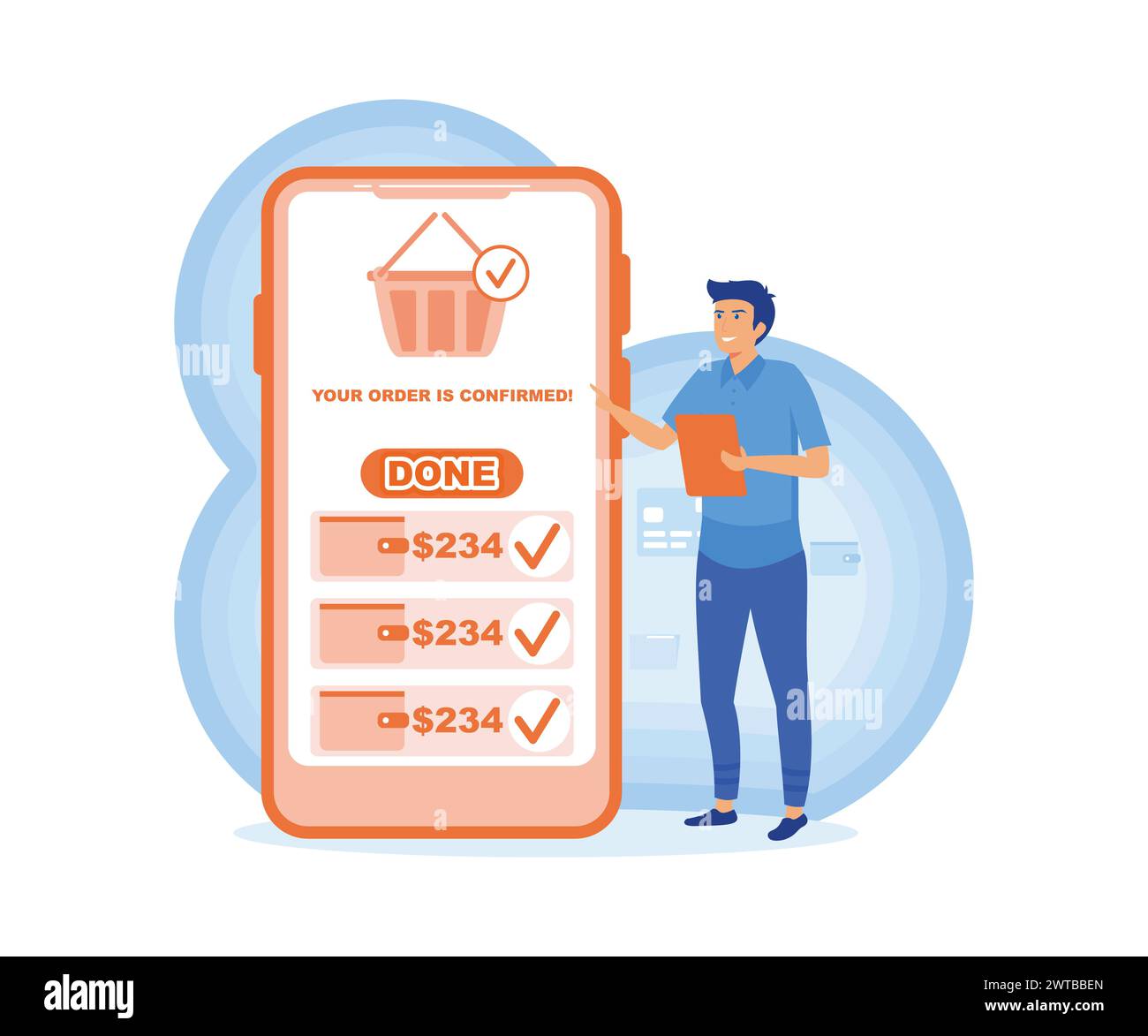 Order concept confirmed. Happy young man gets Confirmation of online ...