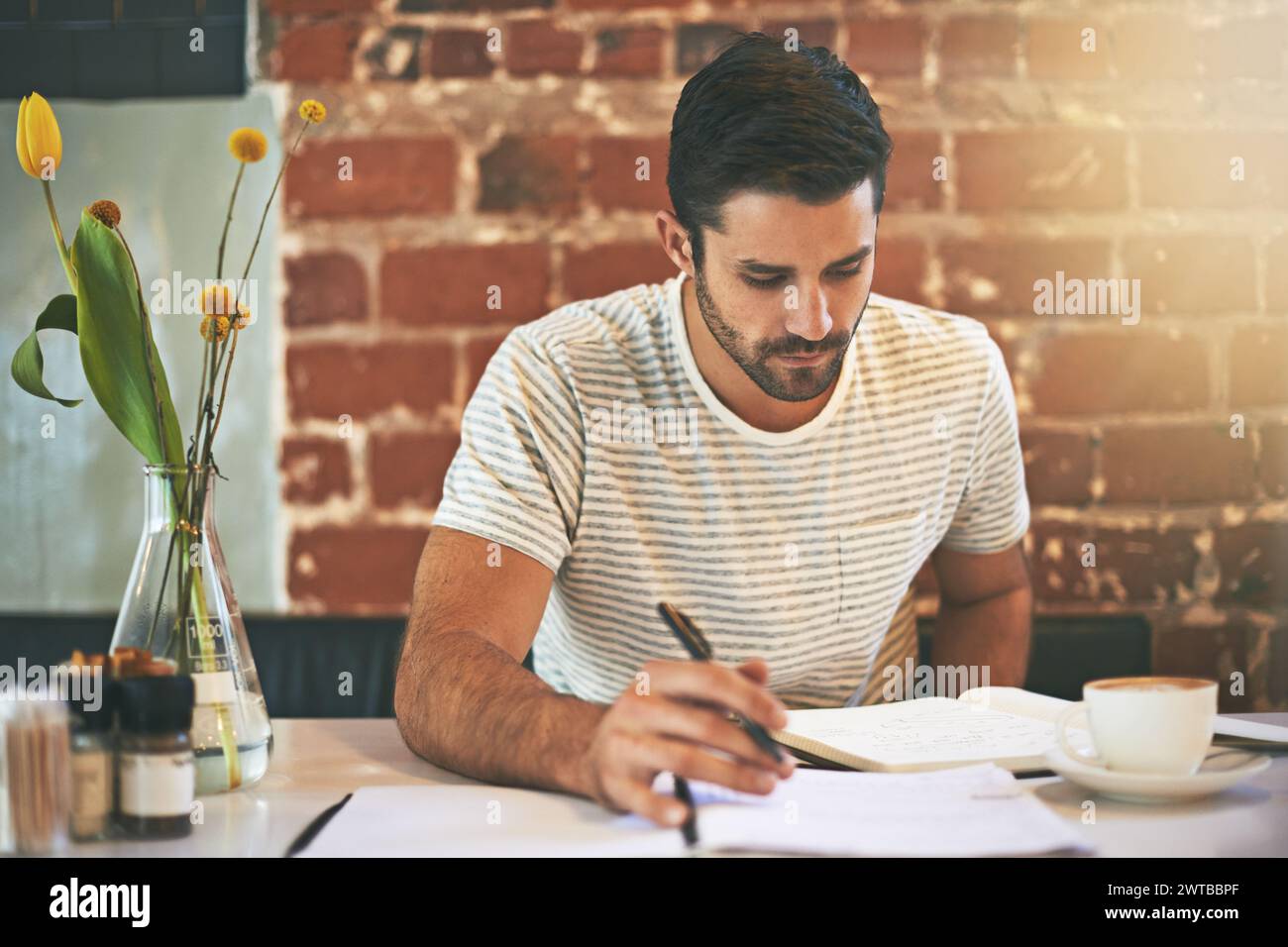 Man, coffee shop and planner for writing ideas, inspiration and writer ...