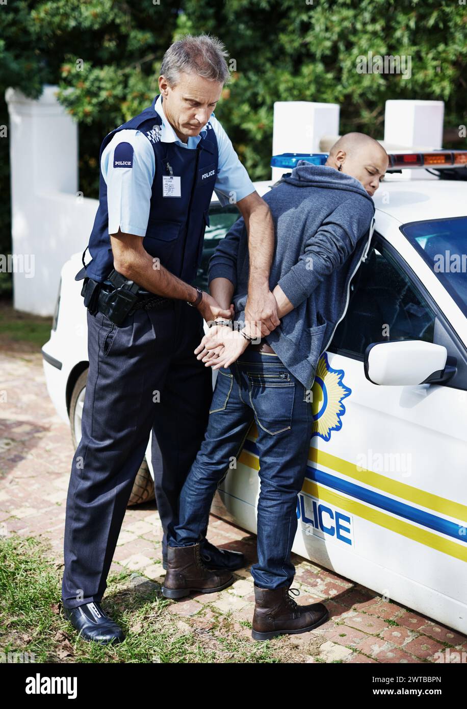 Police officer, handcuffs and car to arrest man for crime with safety ...