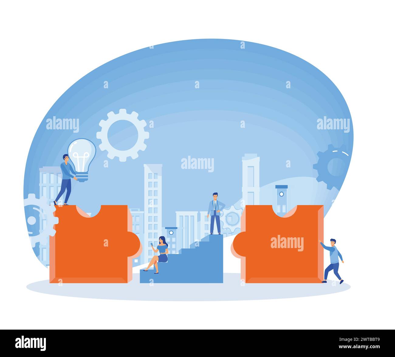 Group of young business people working together with puzzles as symbol ...