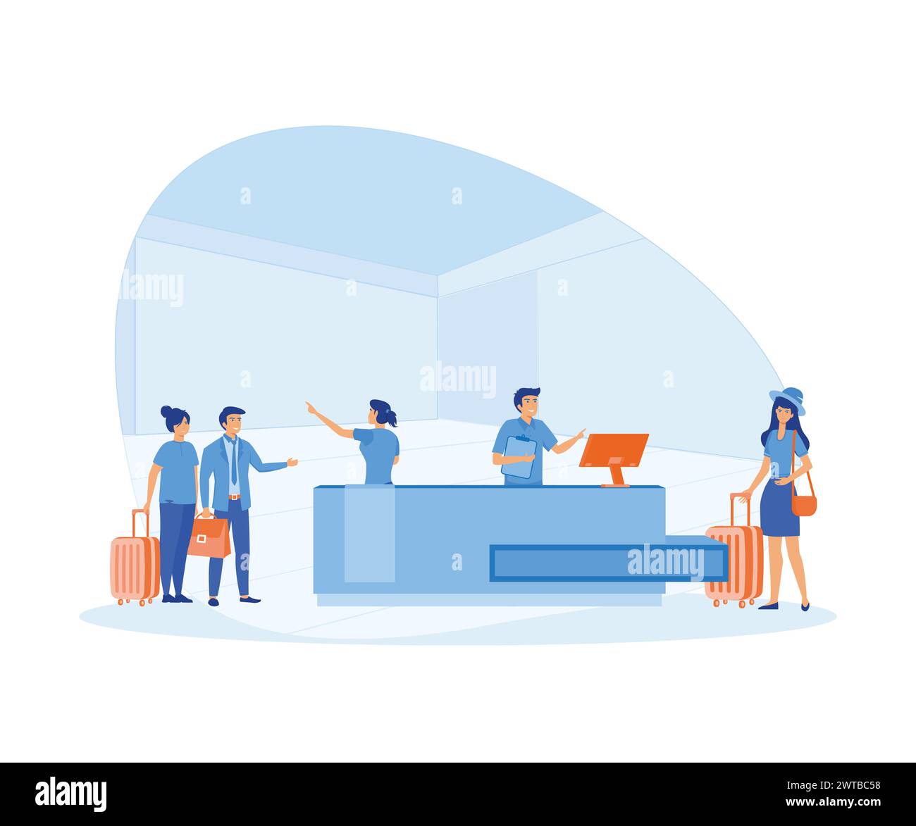 Woman with suitcases is standing at reception desk. Check into hotel. Receptionist welcomes the ...