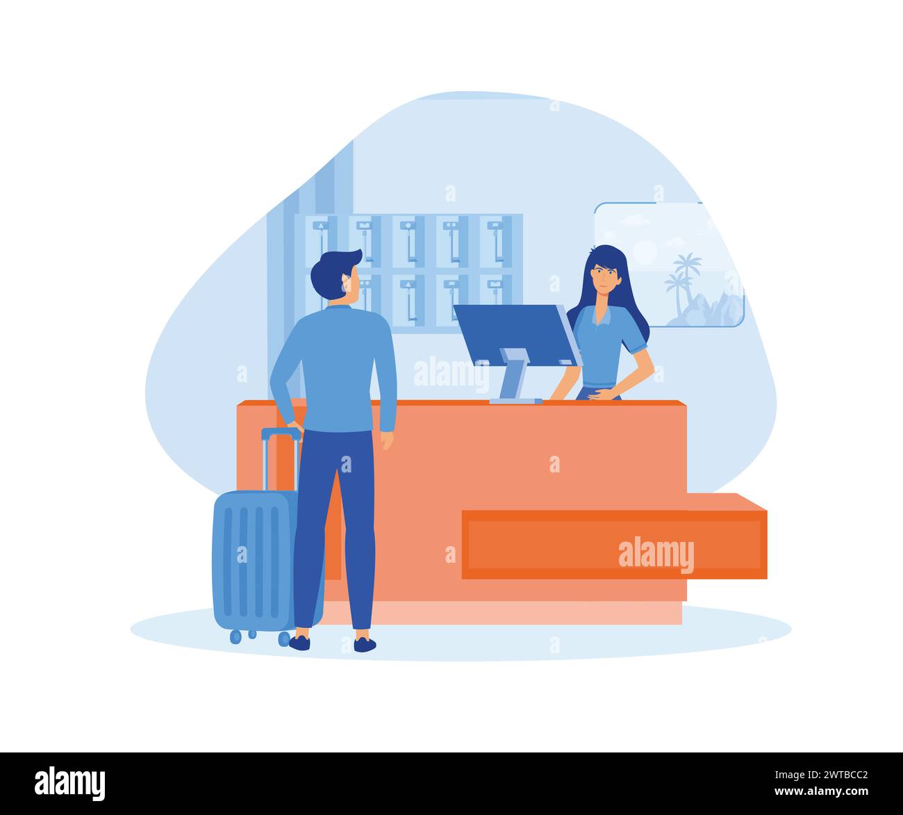 Male customer standing at reception desk and talking to female ...