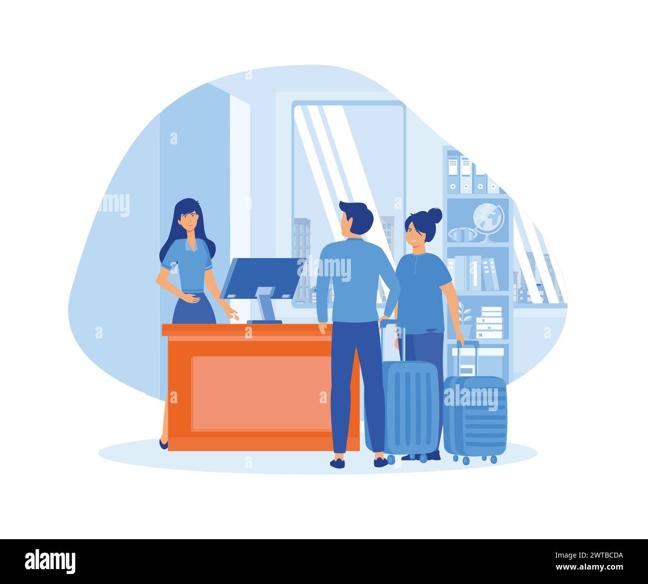 Male and female customers standing at reception desk and talking to ...