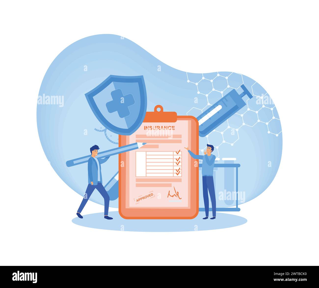 Man fills out health insurance. Health insurance concept with tiny ...