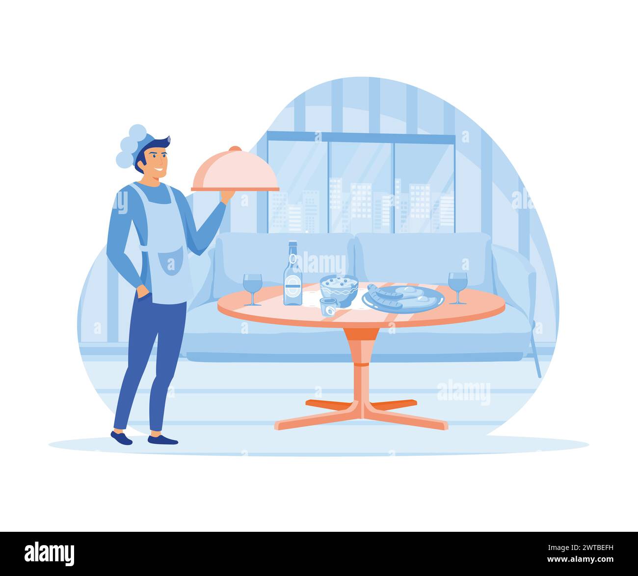 Hotel business concept. Waiter serving at banquet. flat vector modern ...