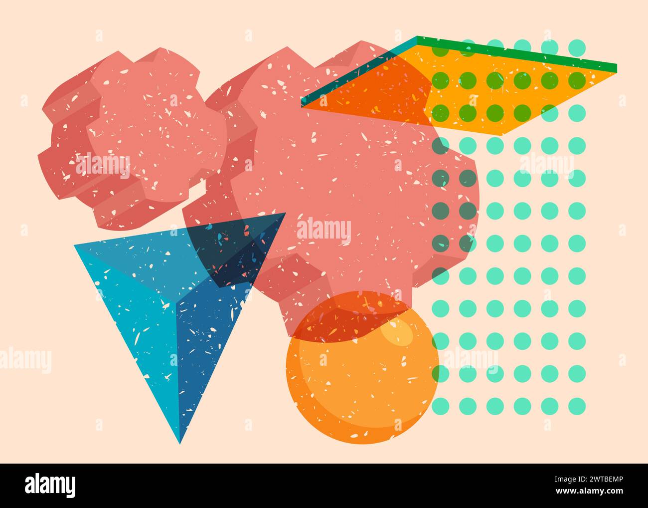 Risograph Gear, Cogwheel with geometric shapes. Objects in trendy riso graph print texture style ...