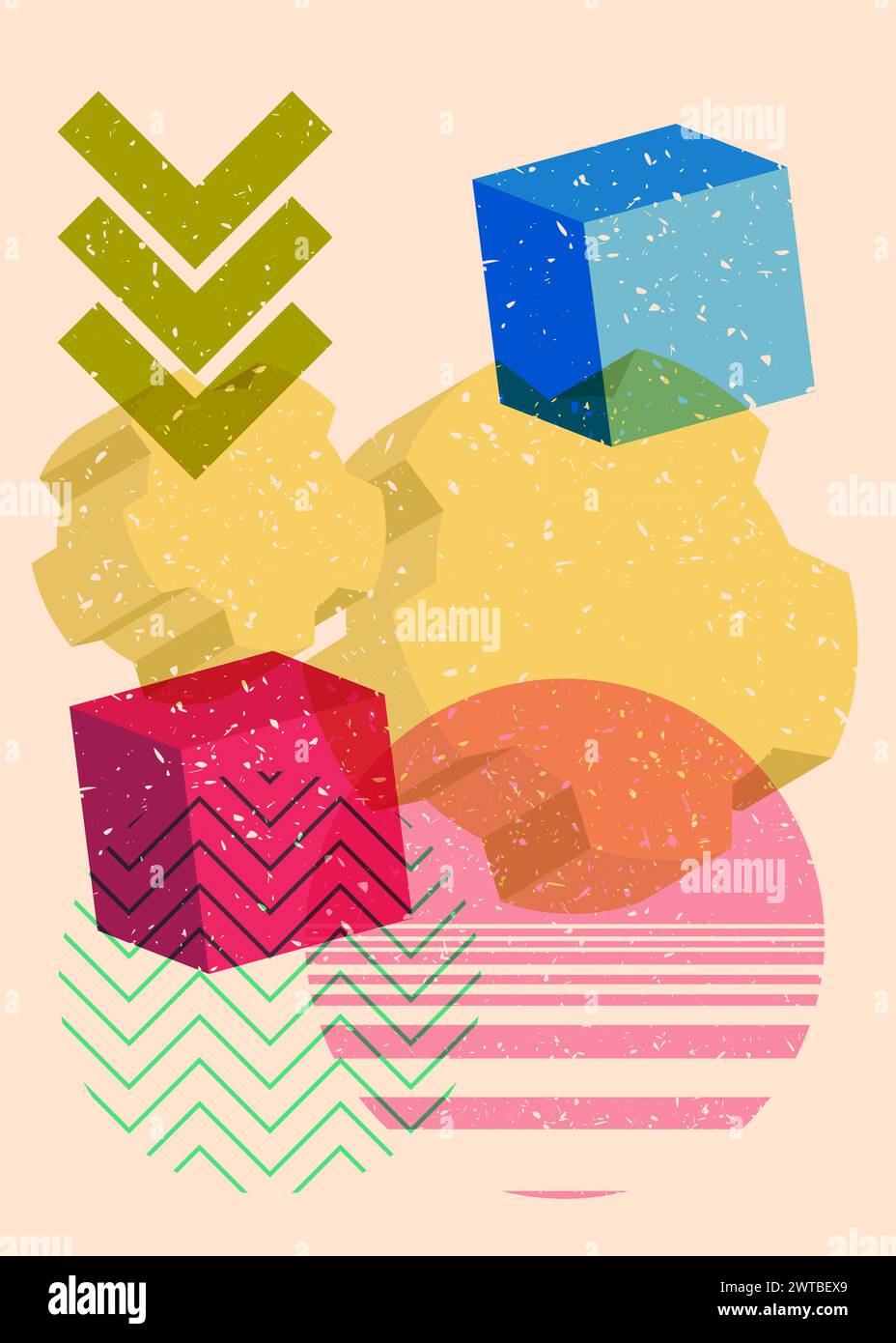 Risograph Gear, Cogwheel with geometric shapes. Objects in trendy riso graph print texture style ...