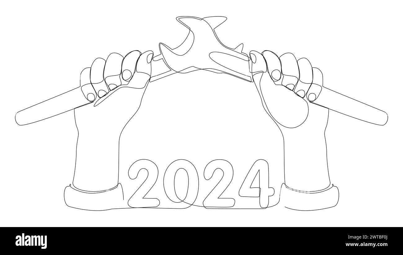 One continuous line of Wrench with number 2024. Thin Line Illustration ...