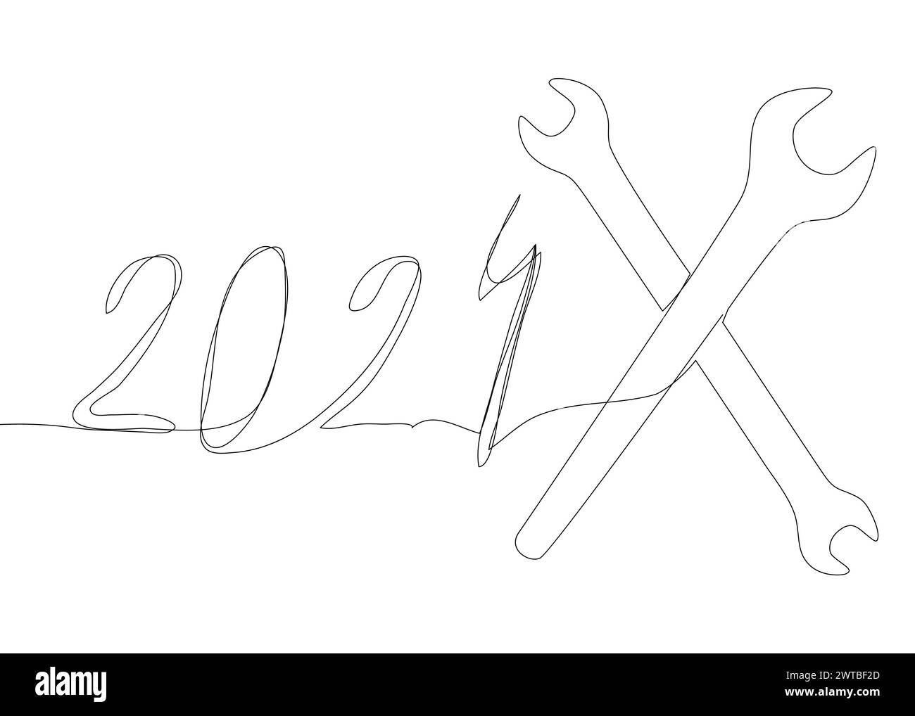 One continuous line of Wrench with number 2024. Thin Line Illustration ...