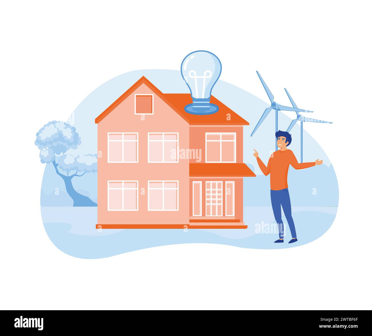 Standing near private eco house. Renewable energy and saving electricity concept. flat vector ...