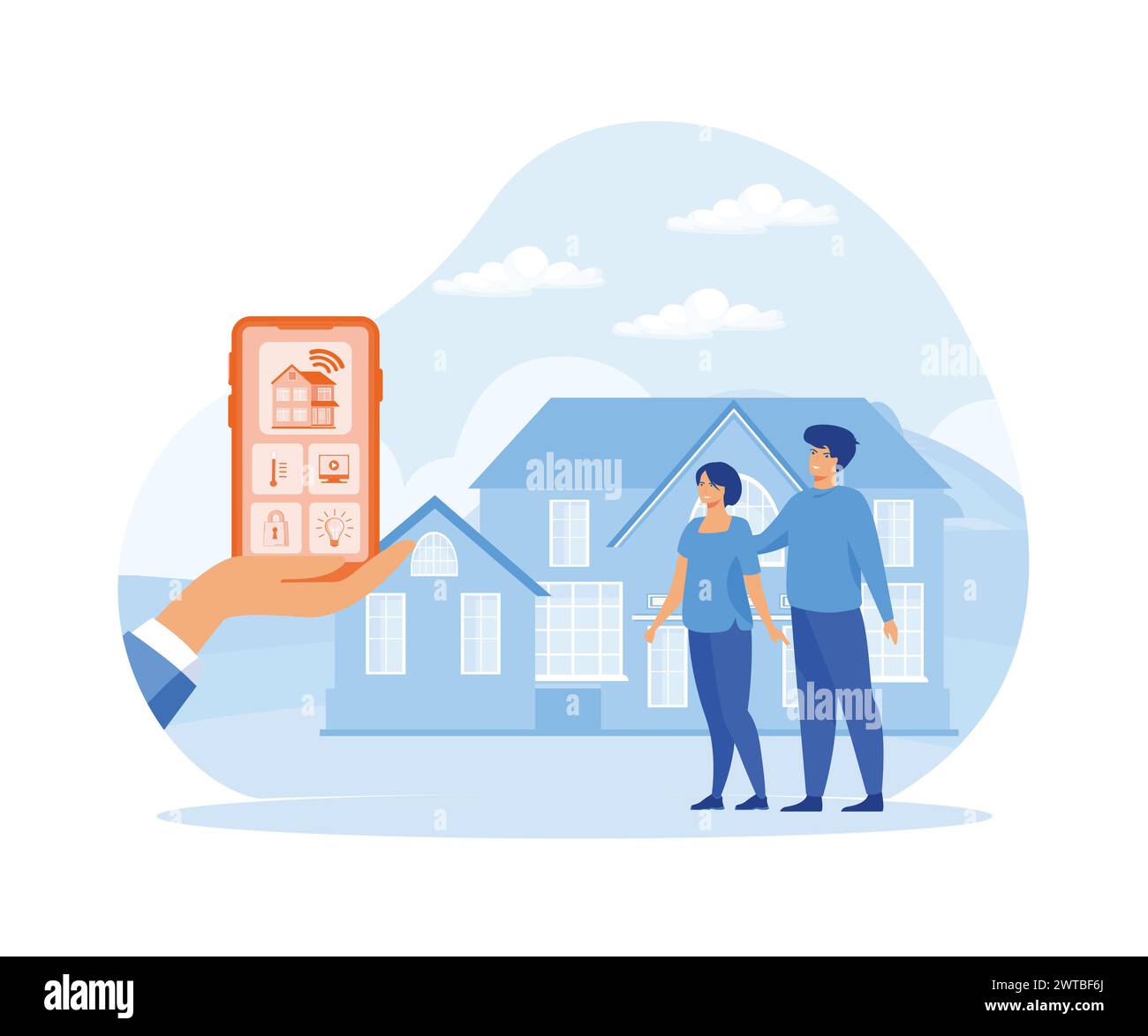 Smart home app with control system, eco house on the background and ...