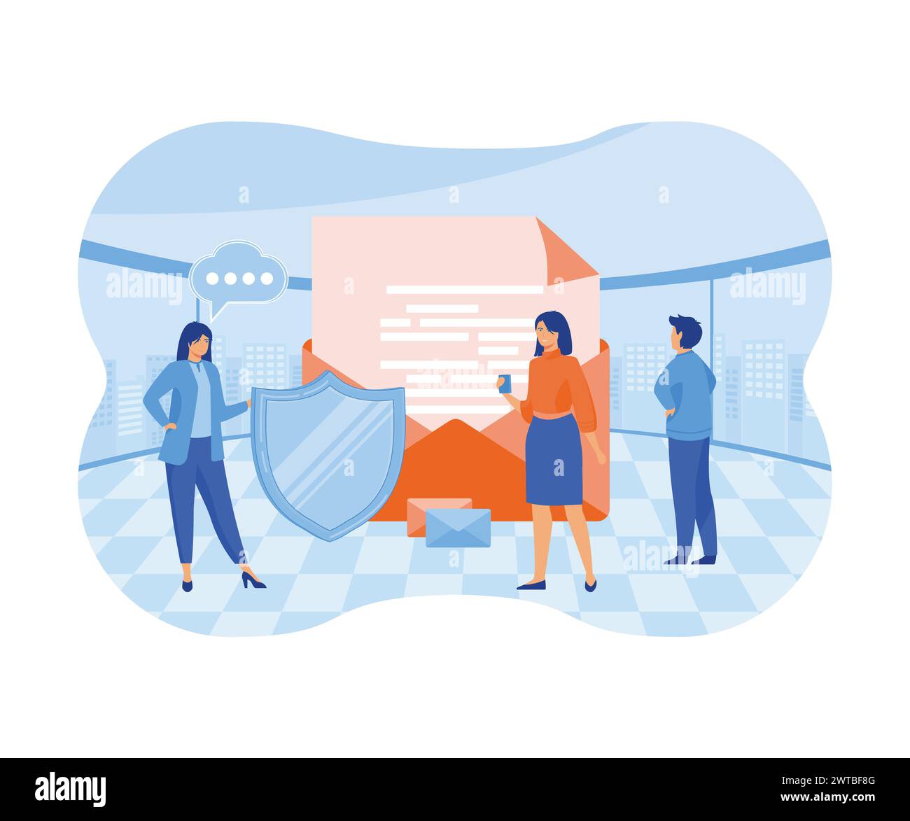 People stand near big envelope, letter, shield. Poster for social media ...